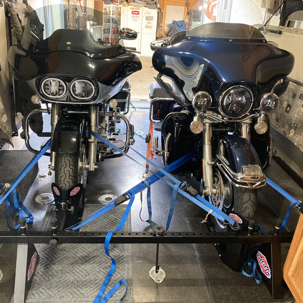 2 Harley / Indian / Cruiser Offset Tie Down & Roll On Wheel Chock Syst ...